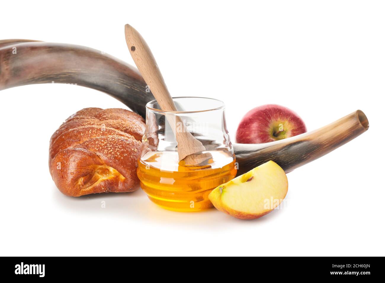 Honey with apples, shofar and challah on white background. Rosh ...