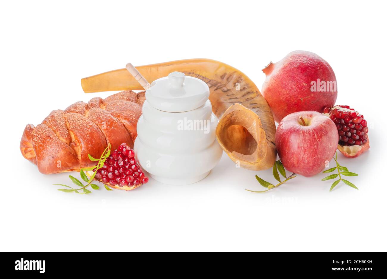 Honey with fruits, shofar and challah on white background. Rosh ...