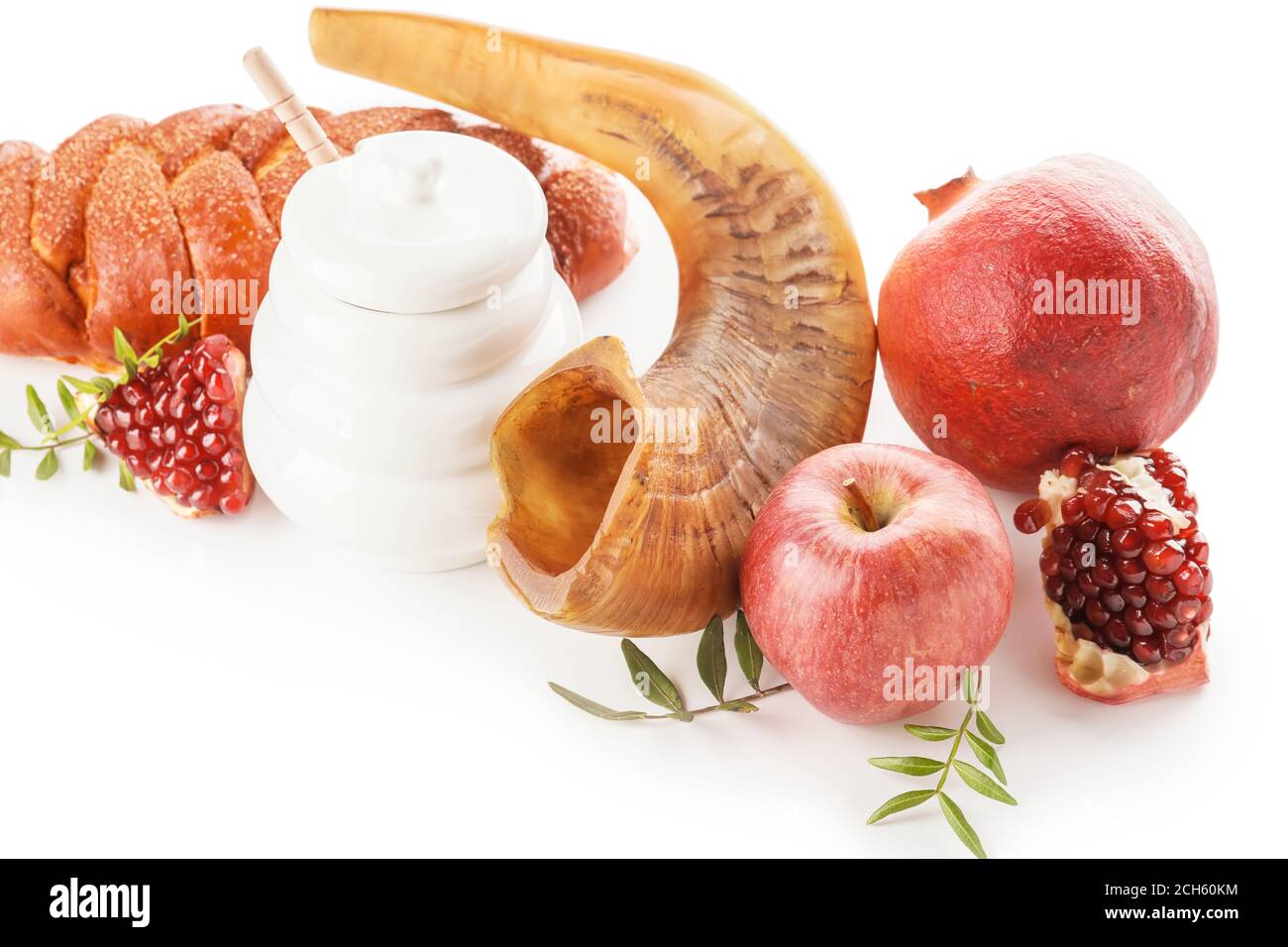 Honey with fruits, shofar and challah on white background. Rosh ...