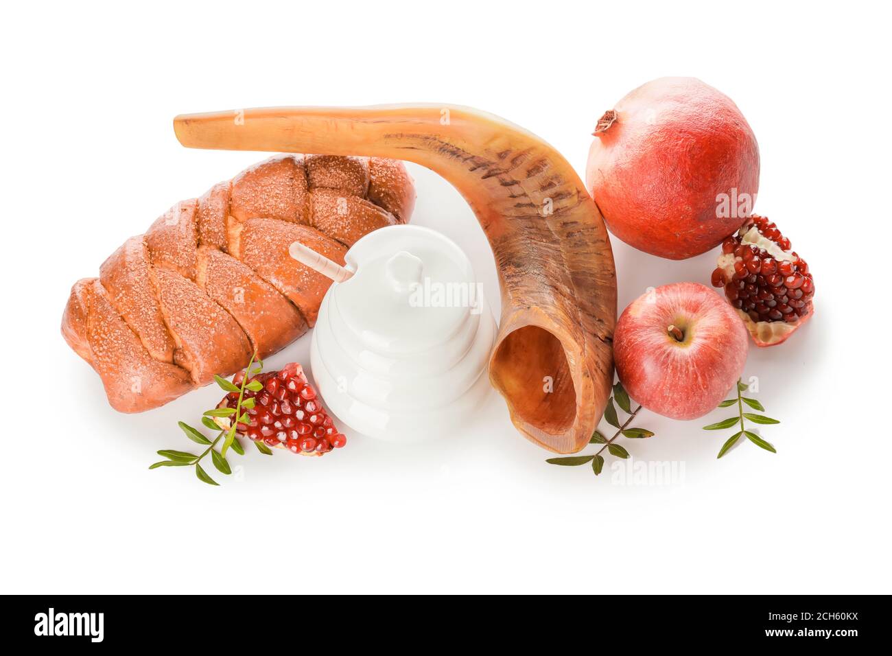 Honey with fruits, shofar and challah on white background. Rosh ...