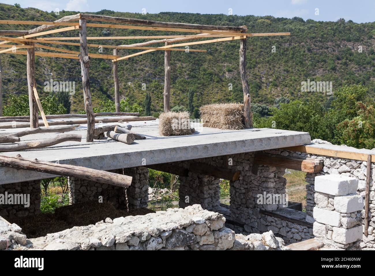 Country house construction site with landscape background Stock Photo ...
