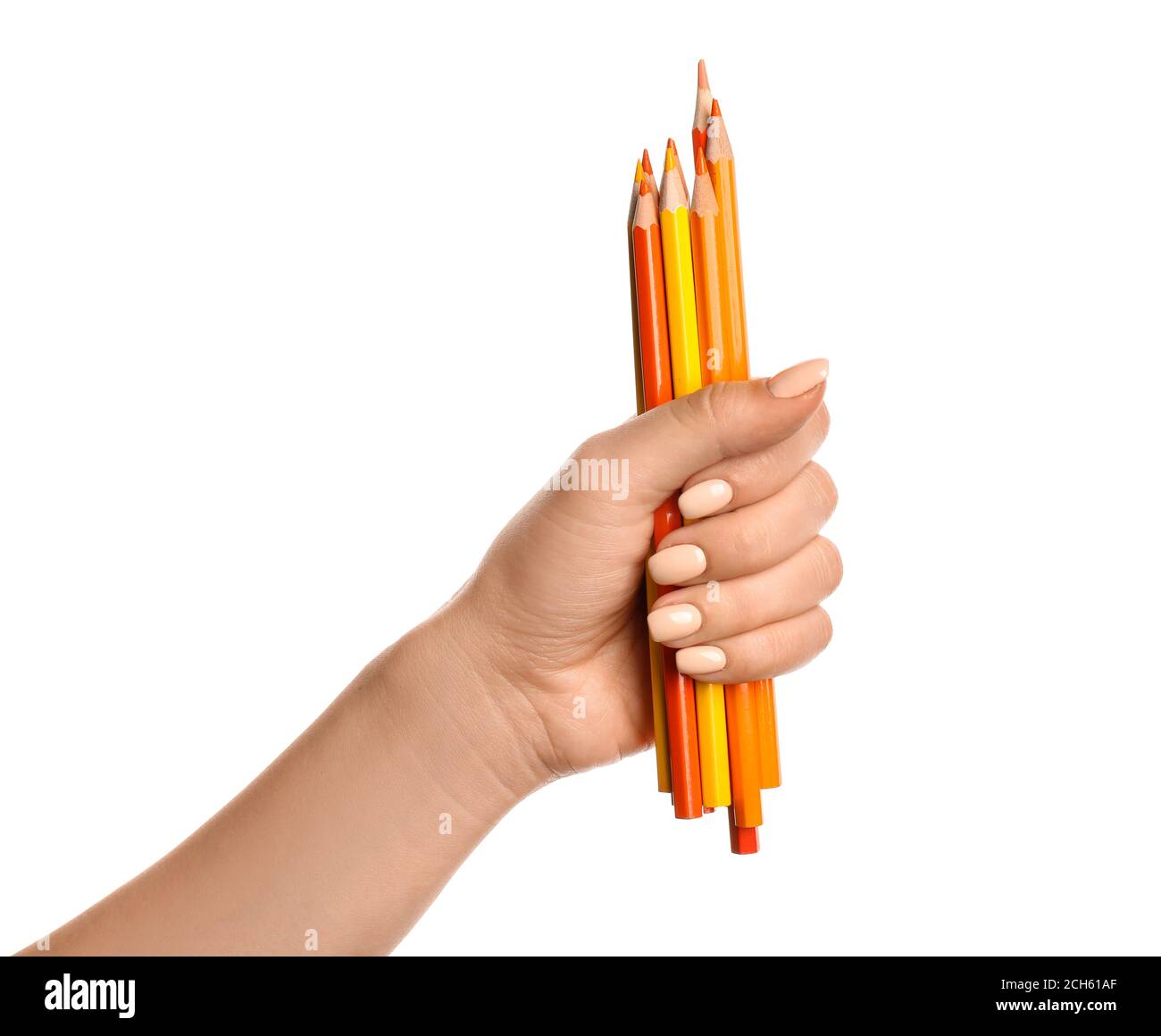 Female hand with pencils on white background Stock Photo - Alamy