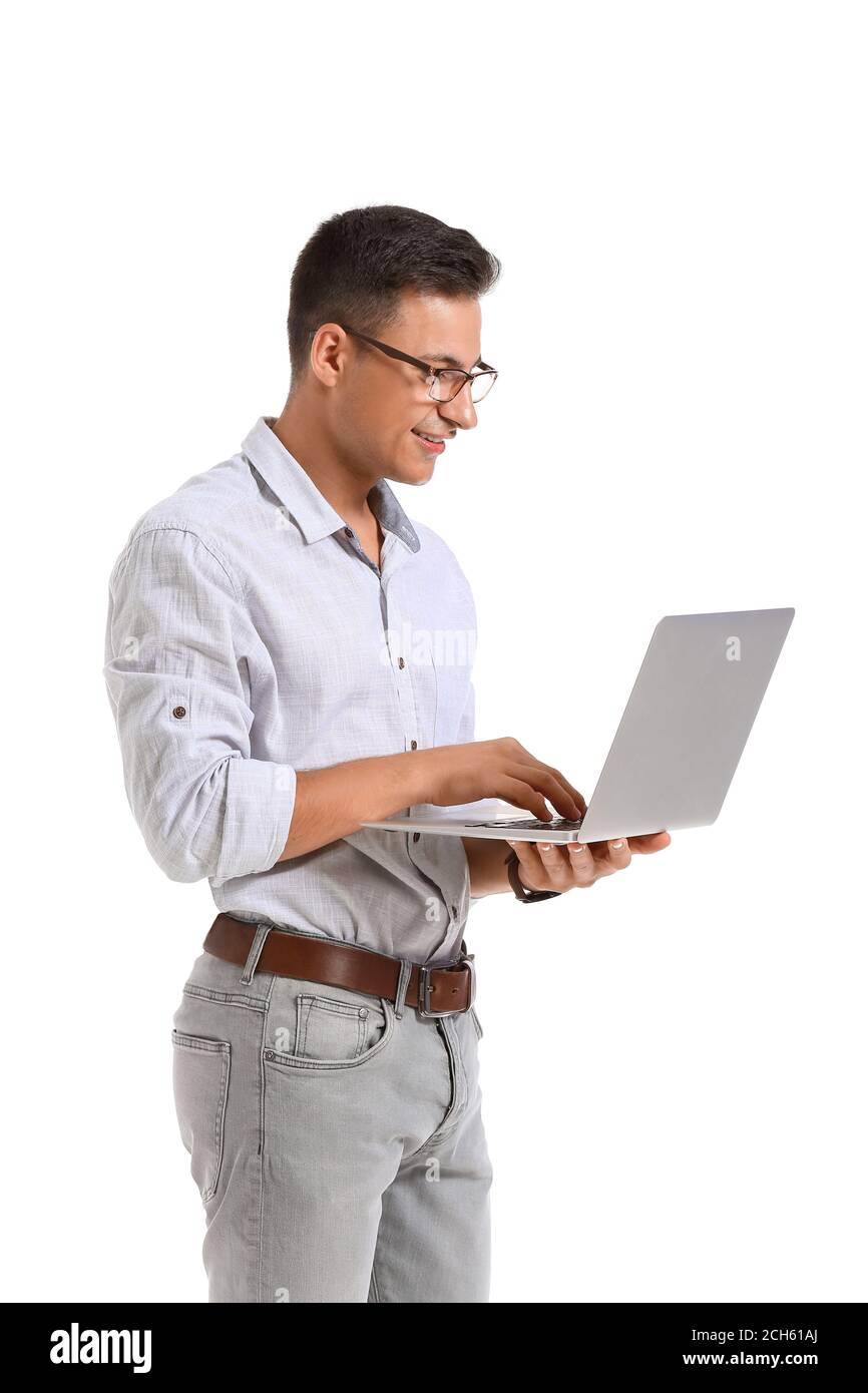 Male programmer with laptop on white background Stock Photo - Alamy