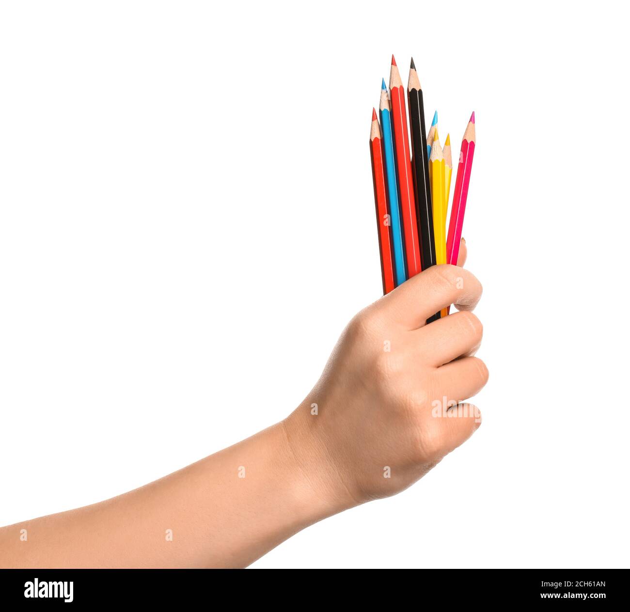 Female hand with pencils on white background Stock Photo - Alamy