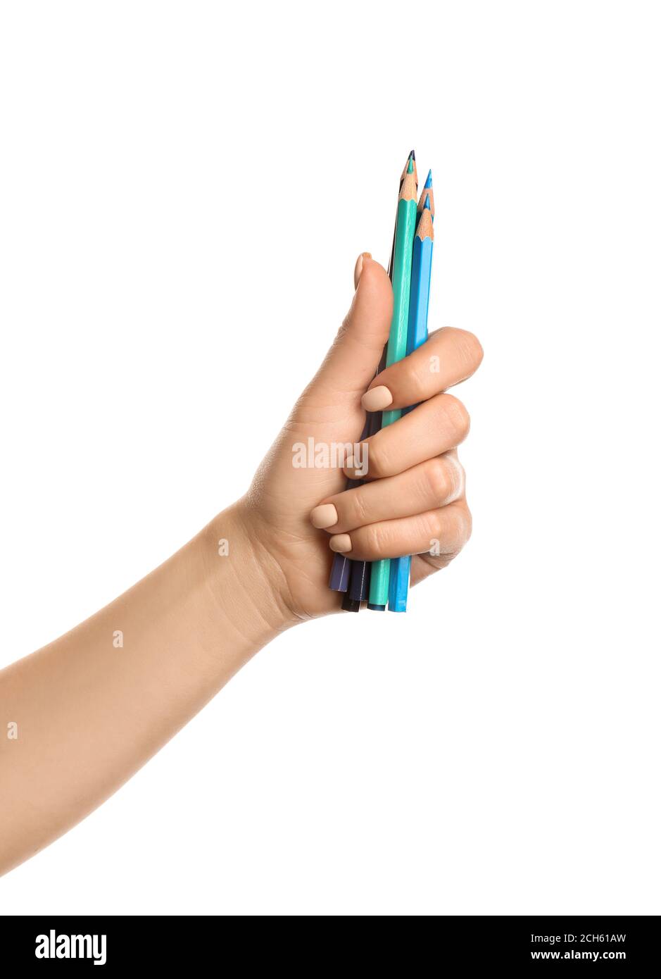 Female hand with pencils on white background Stock Photo - Alamy