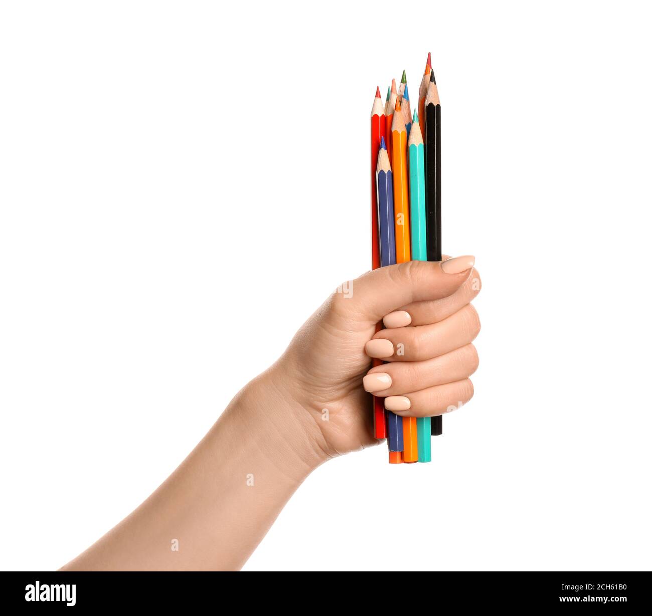 Female hand with pencils on white background Stock Photo - Alamy