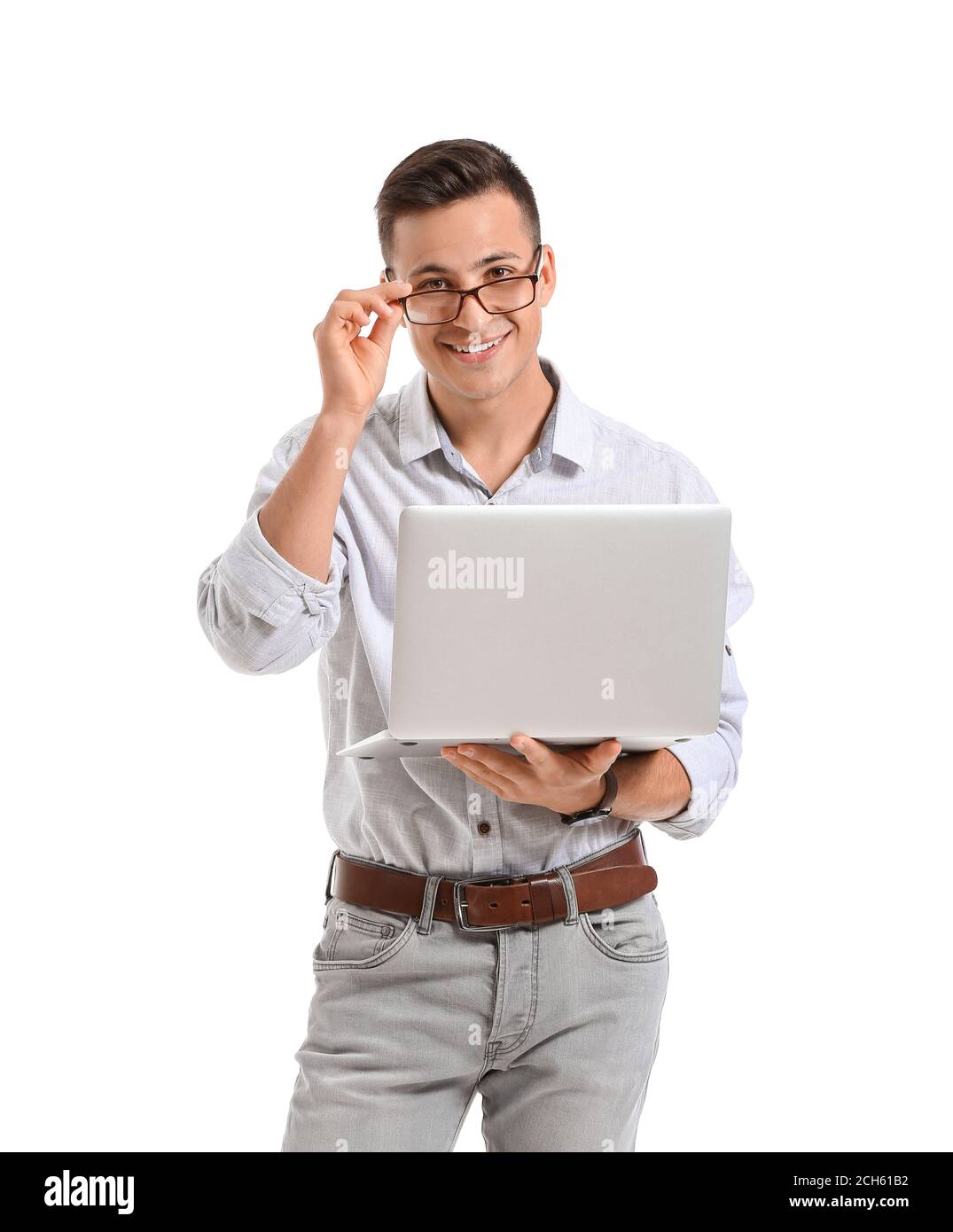 Male programmer with laptop on white background Stock Photo - Alamy