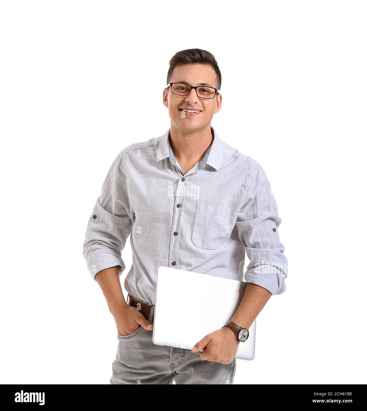 Male programmer with laptop on white background Stock Photo - Alamy