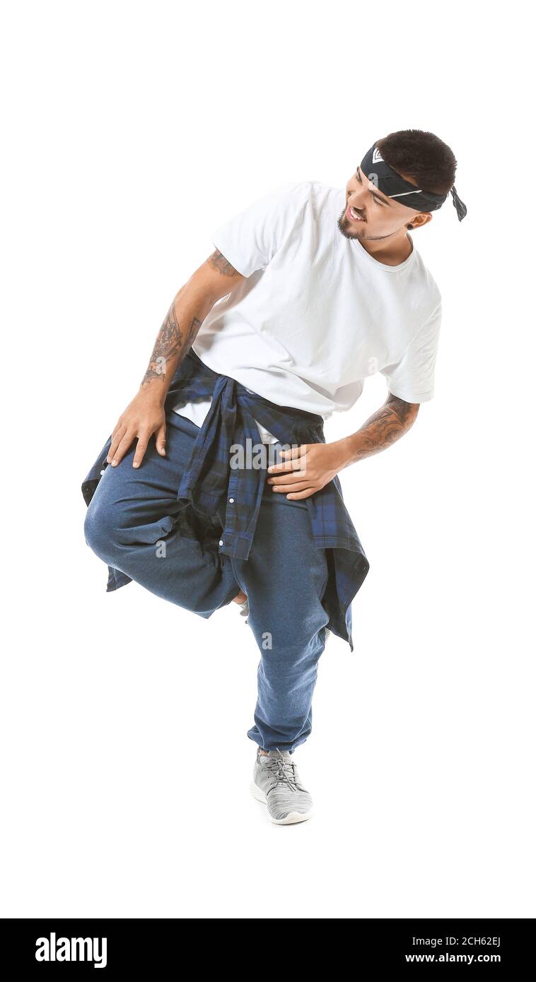 Male hip-hop dancer on white background Stock Photo - Alamy