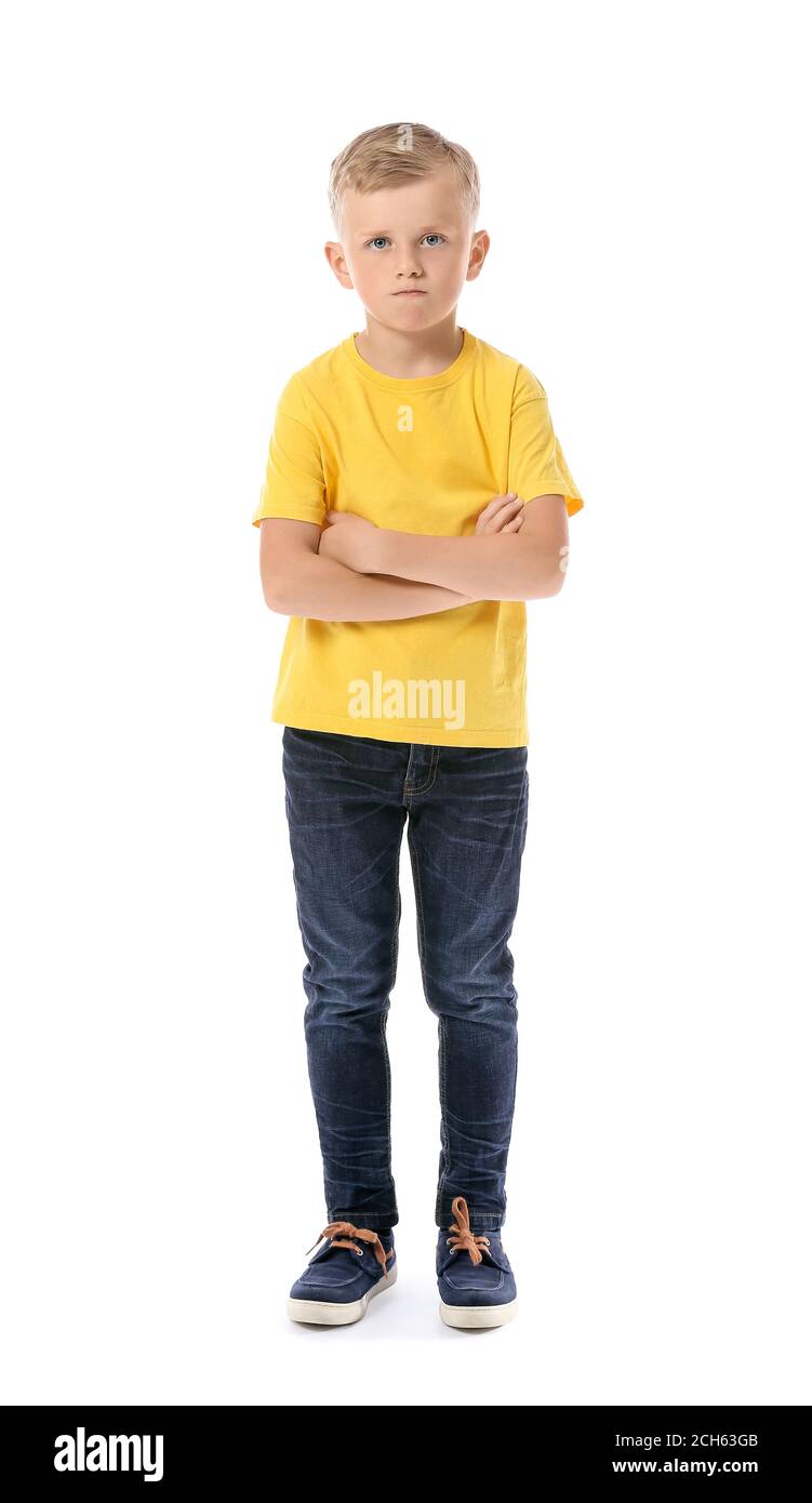 Angry little boy with autistic disorder on white background Stock Photo ...