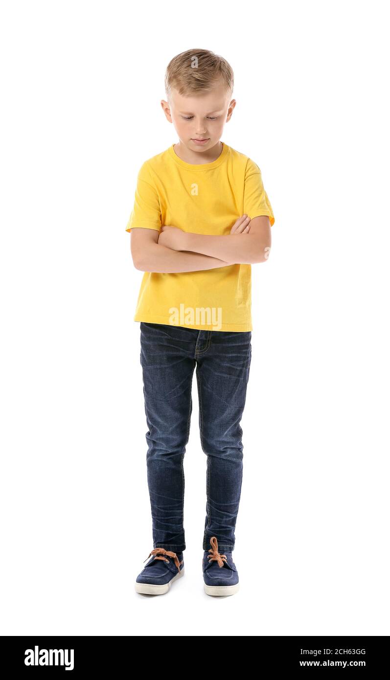 Sad little boy with autistic disorder on white background Stock Photo ...