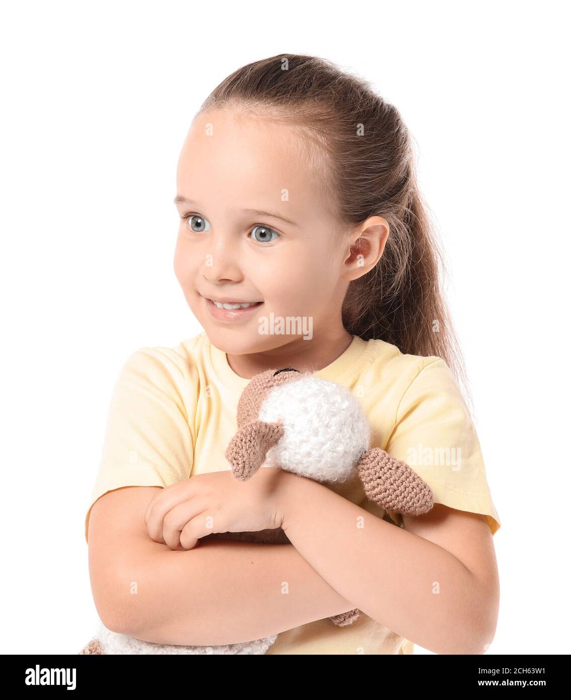 Little girl with autistic disorder and toy on white background Stock ...