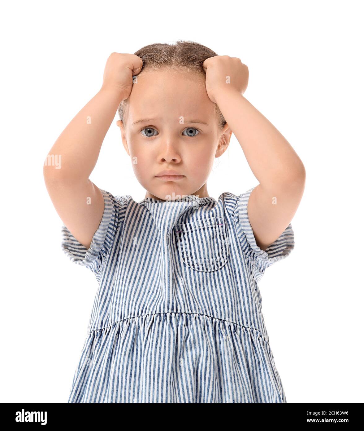 Sad little girl with autistic disorder on white background Stock Photo ...
