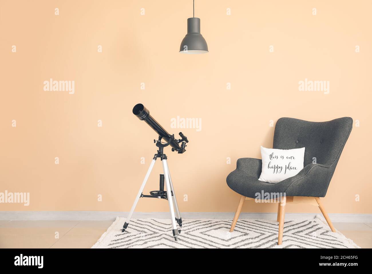 Interior of modern room with telescope Stock Photo - Alamy