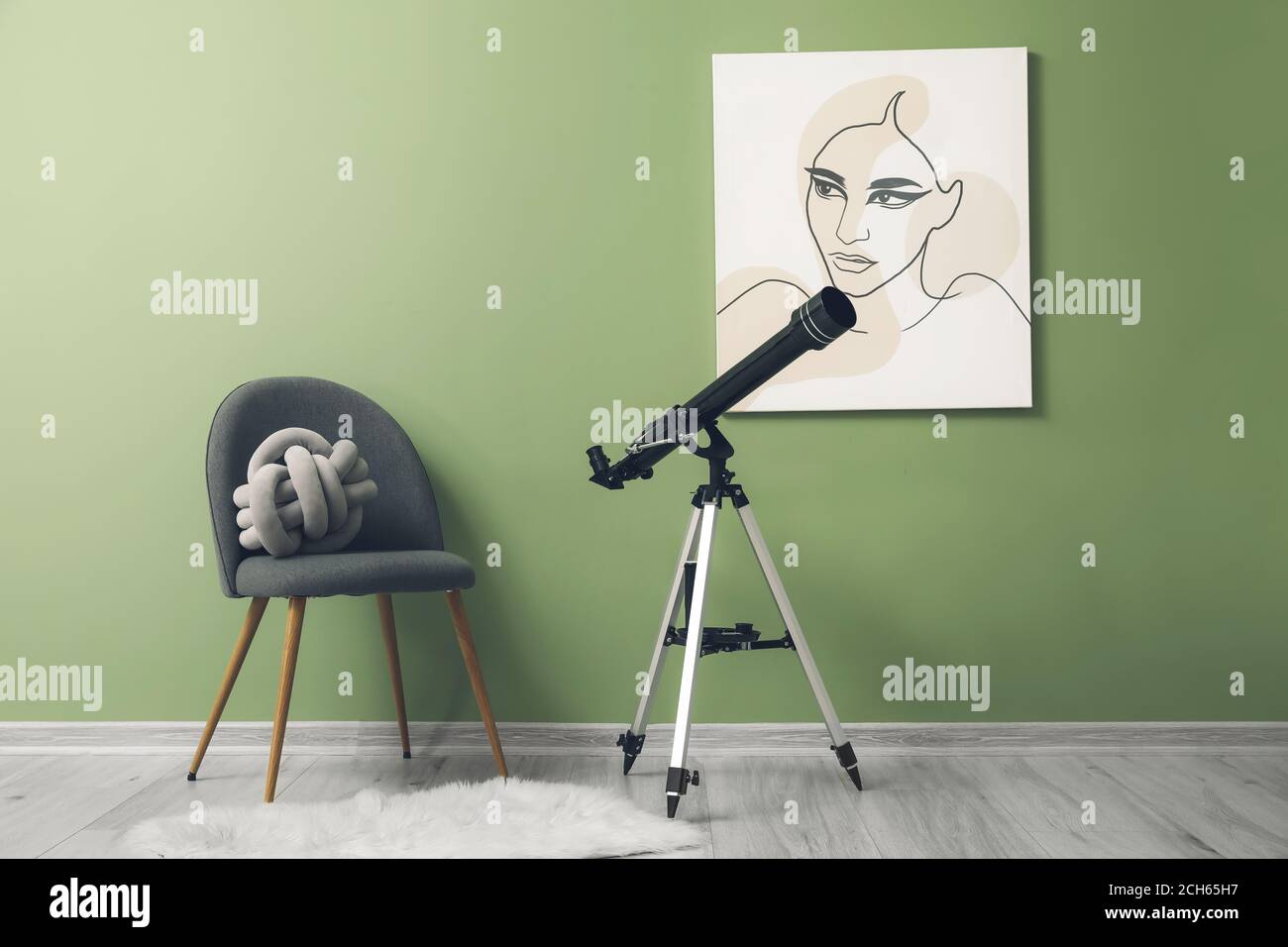 Interior of modern room with telescope Stock Photo - Alamy