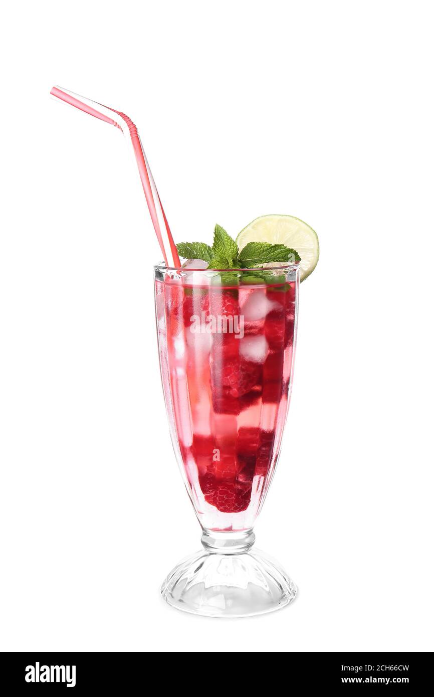 Glass of cold raspberry tea on white background Stock Photo - Alamy