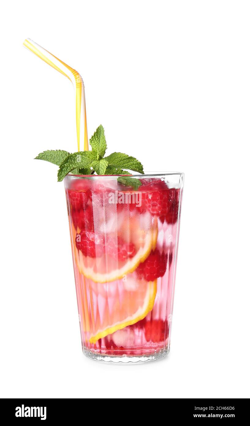 Glass of cold raspberry tea on white background Stock Photo - Alamy