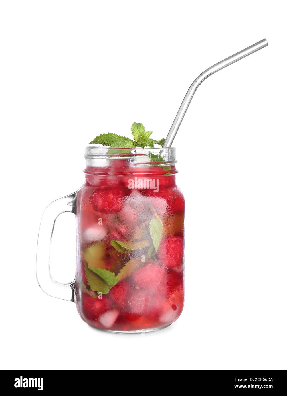 Mason jar of cold raspberry tea on white background Stock Photo - Alamy