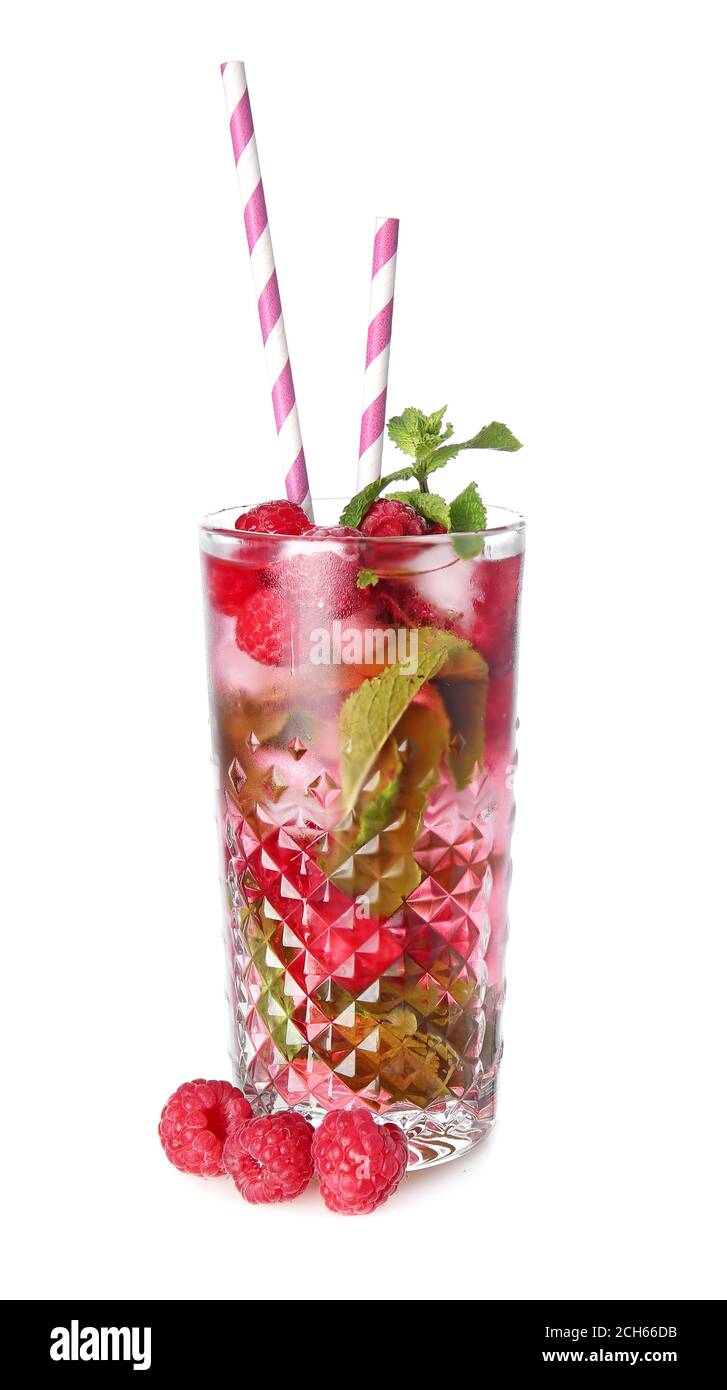 Glass of cold raspberry tea on white background Stock Photo - Alamy