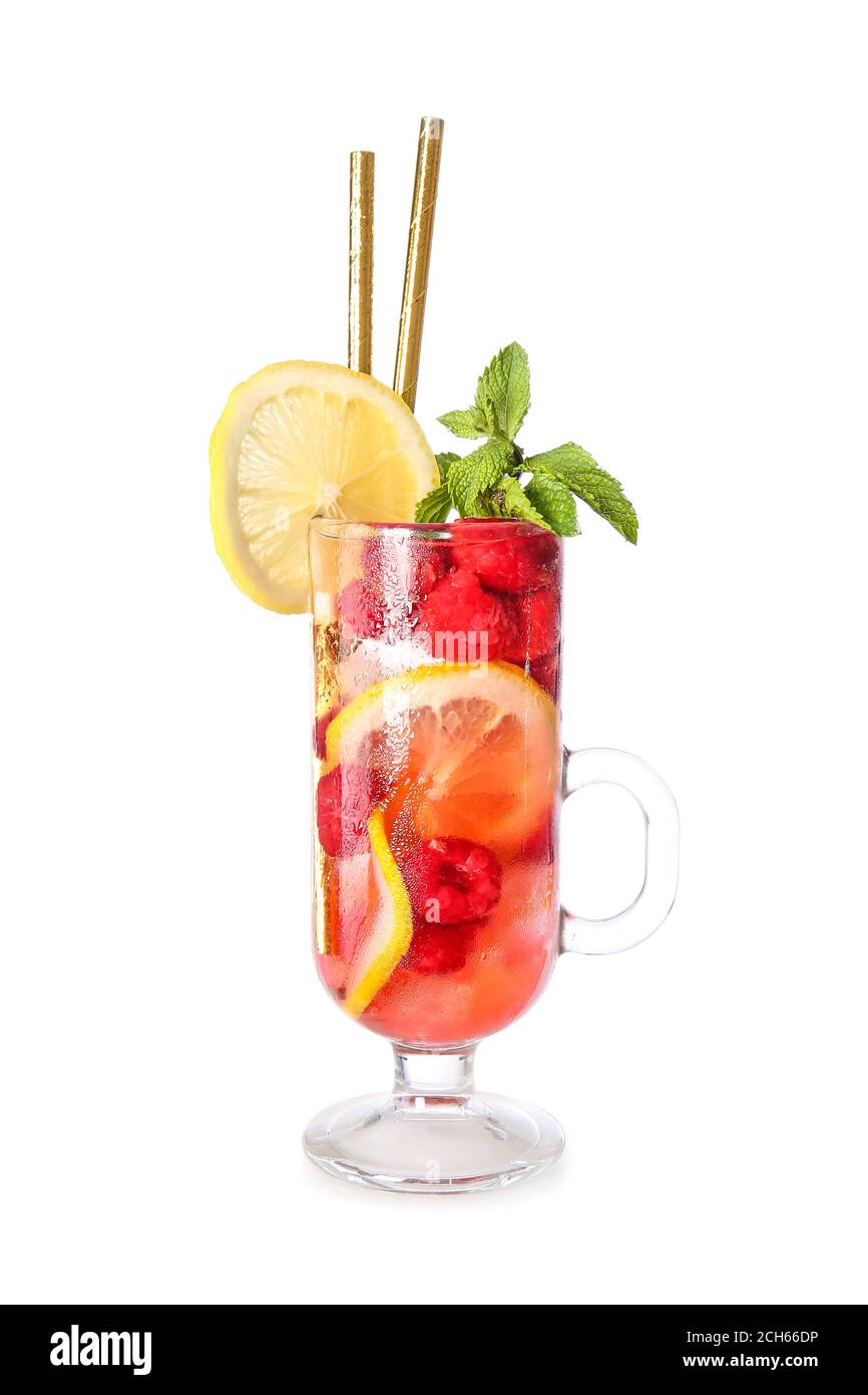 Cup of cold raspberry tea on white background Stock Photo - Alamy