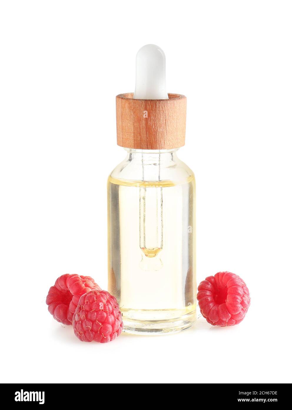Bottle of raspberry essential oil on white background Stock Photo - Alamy