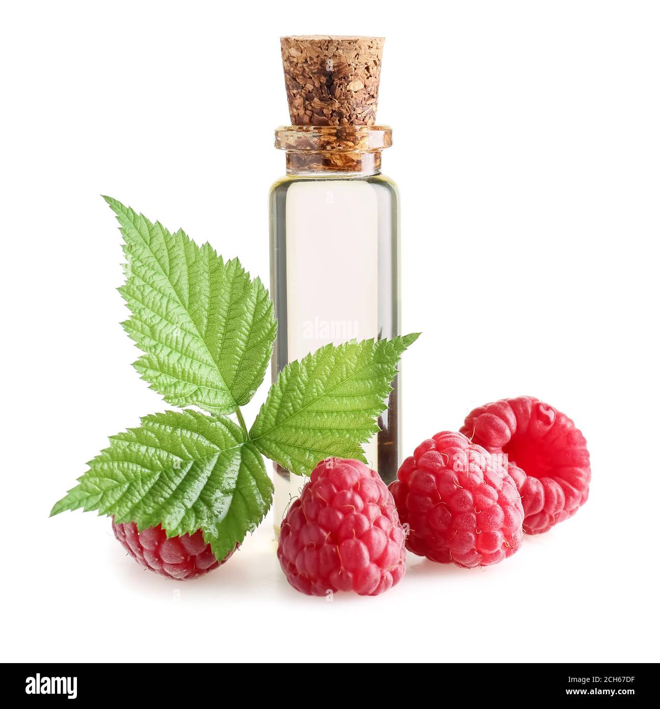 Bottle of raspberry essential oil on white background Stock Photo - Alamy