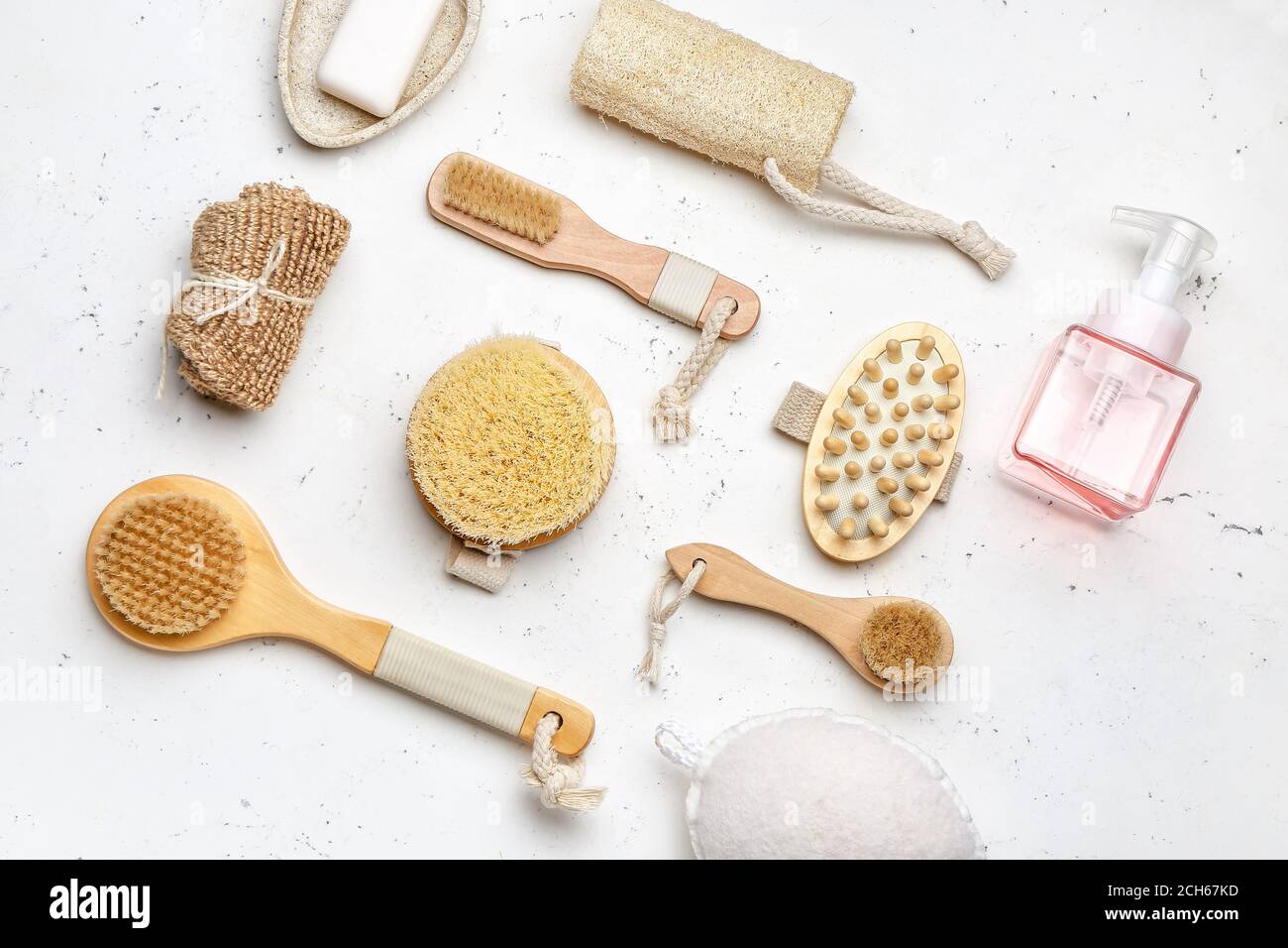 Natural bathing supplies on white background. Ecology concept Stock ...