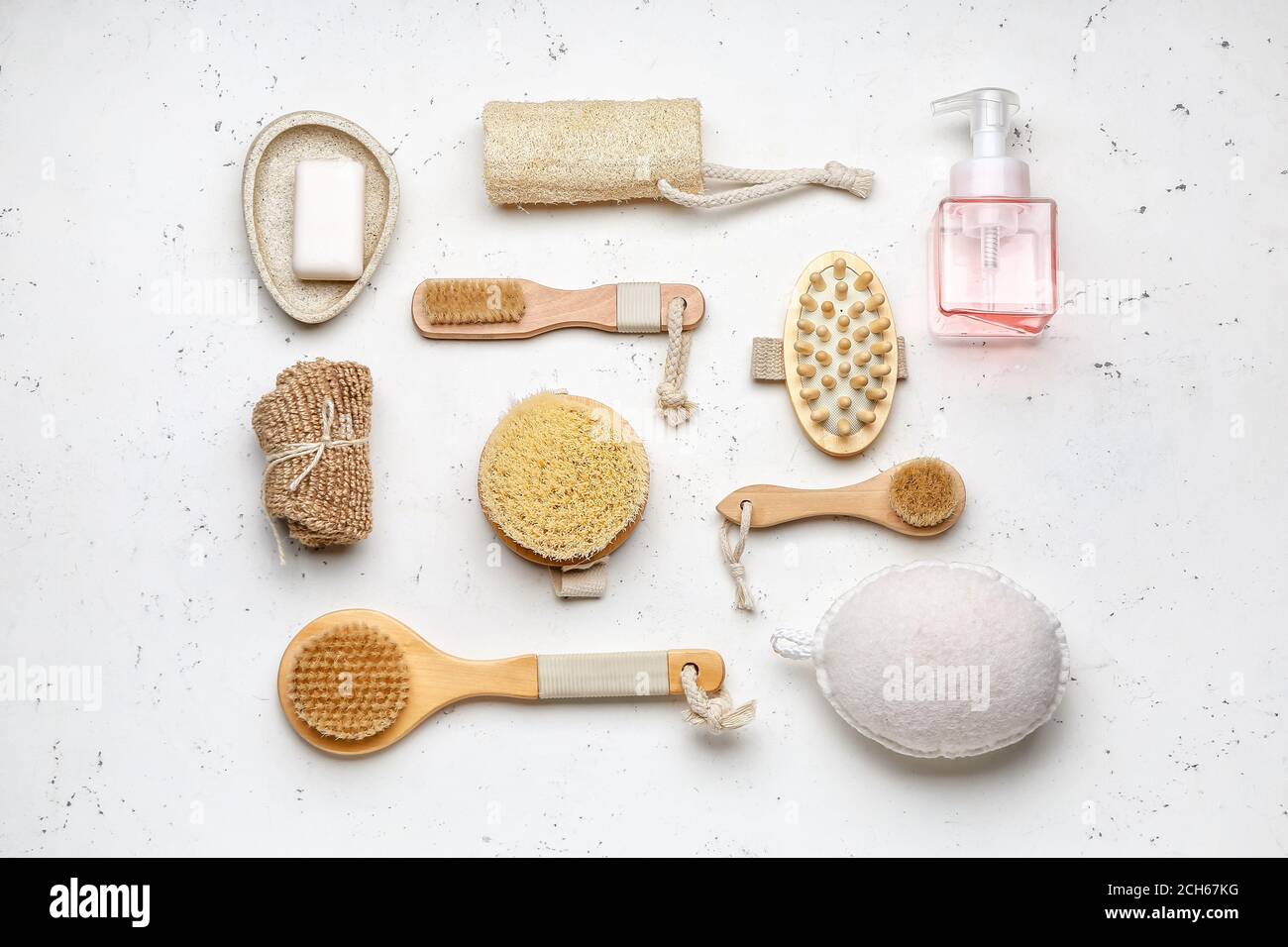 Natural bathing supplies on white background. Ecology concept Stock ...