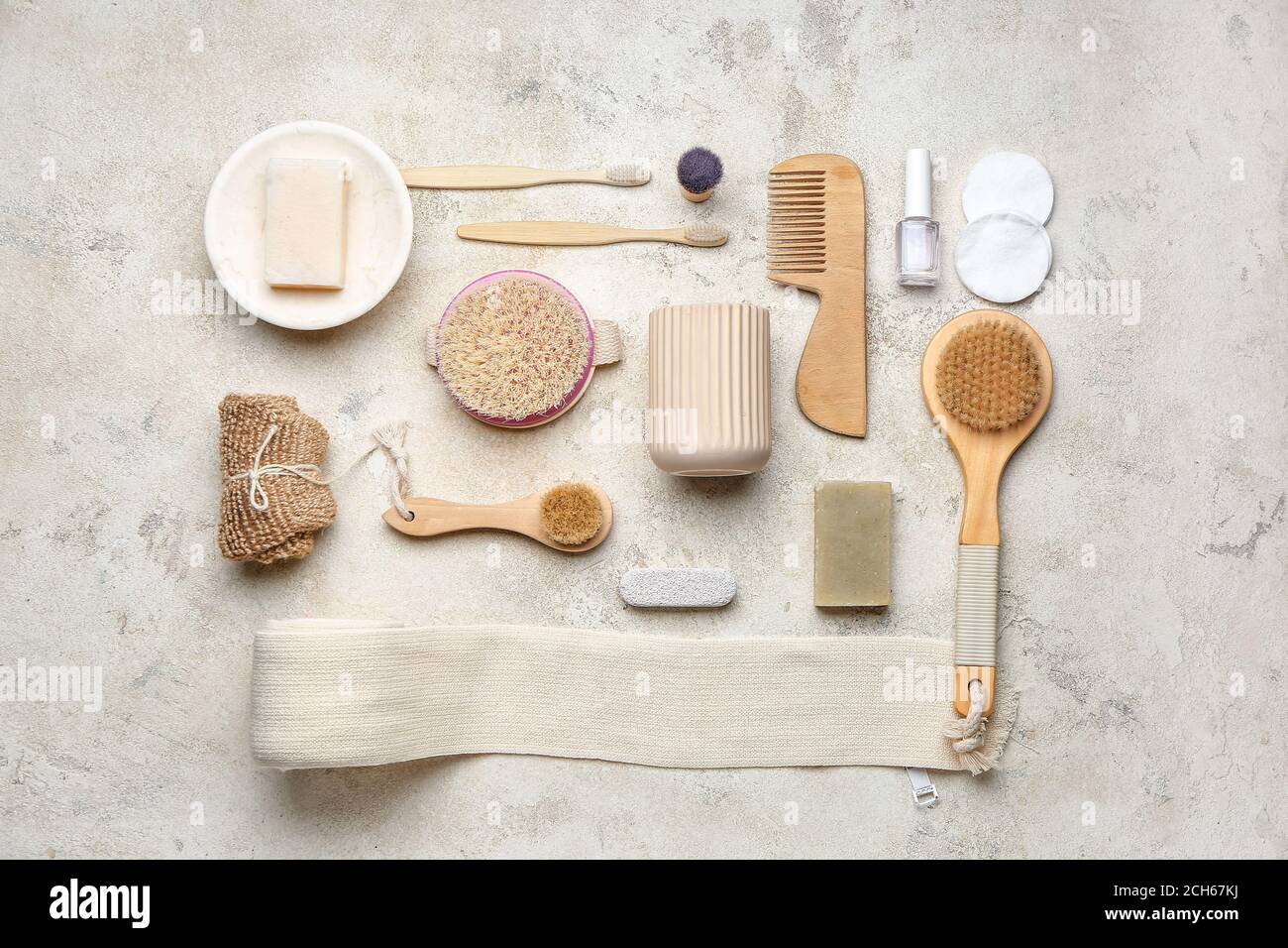 Natural bathing supplies on light background. Ecology concept Stock ...