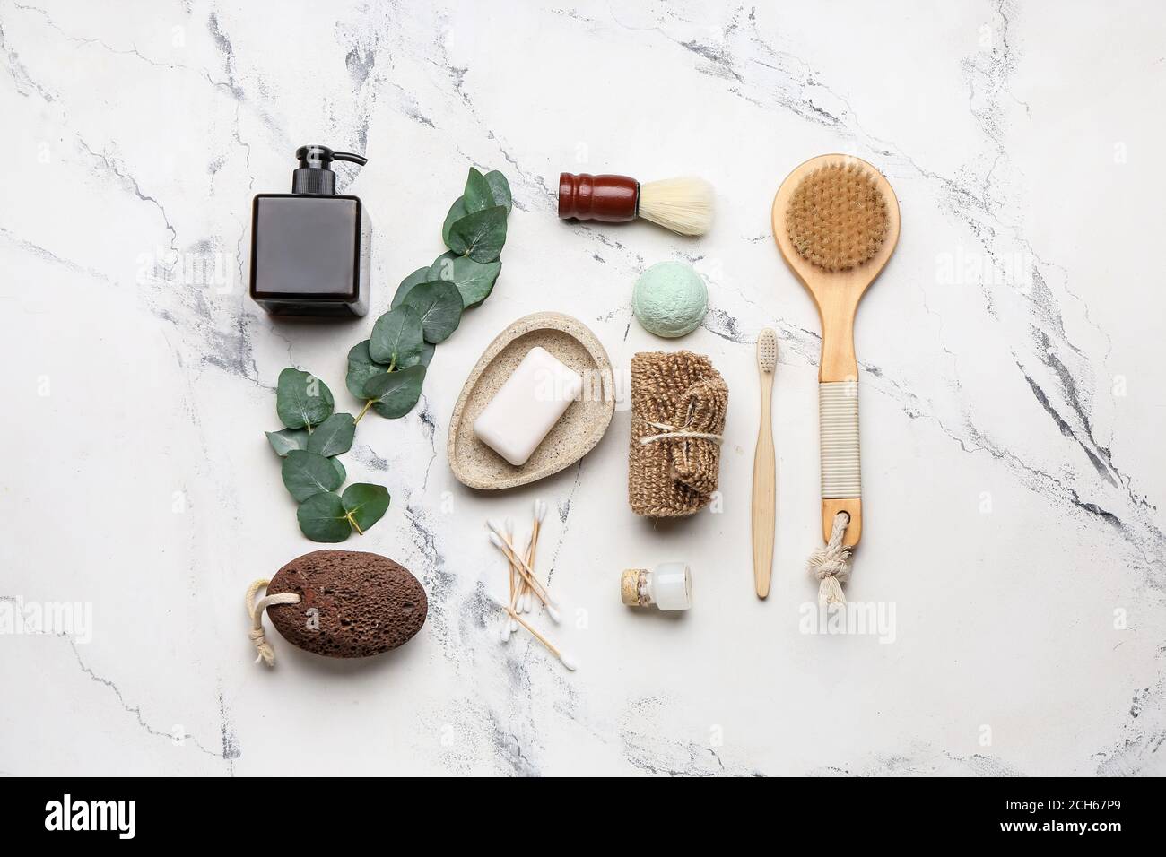 Natural bathing supplies on white background. Ecology concept Stock ...