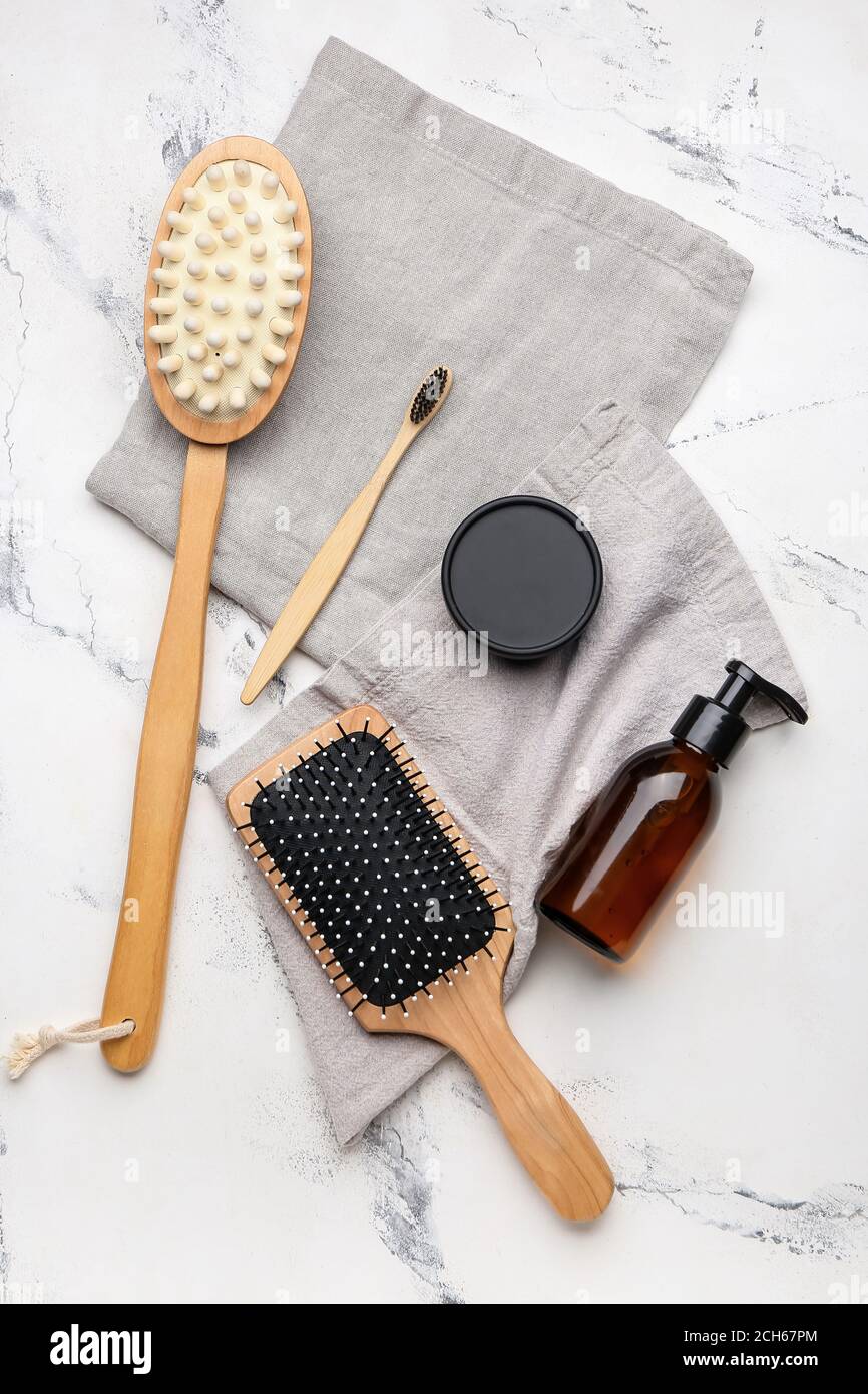 Natural bathing supplies on white background. Ecology concept Stock ...