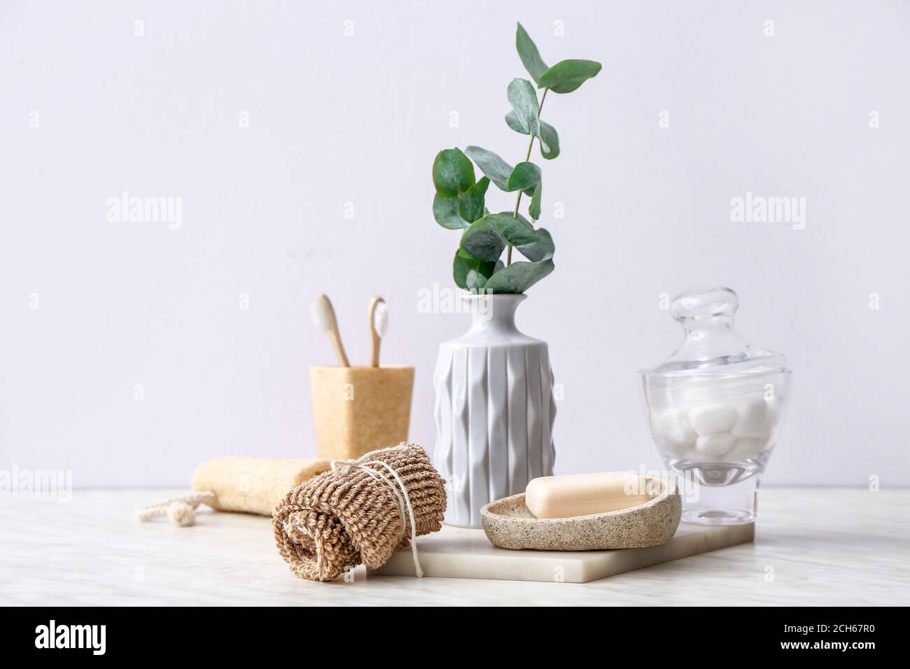 Natural bathing supplies on table. Ecology concept Stock Photo - Alamy
