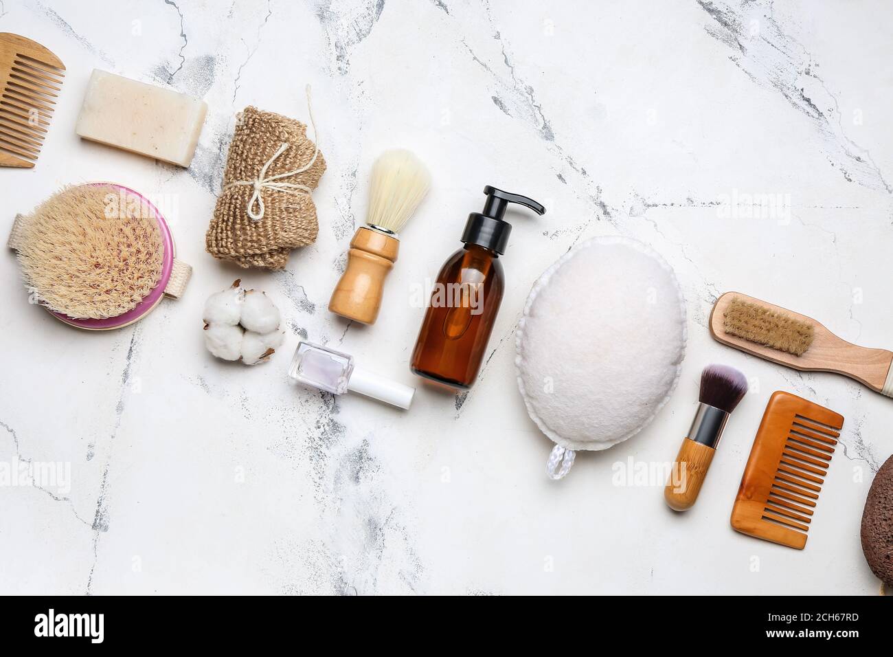 Natural bathing supplies on white background. Ecology concept Stock ...