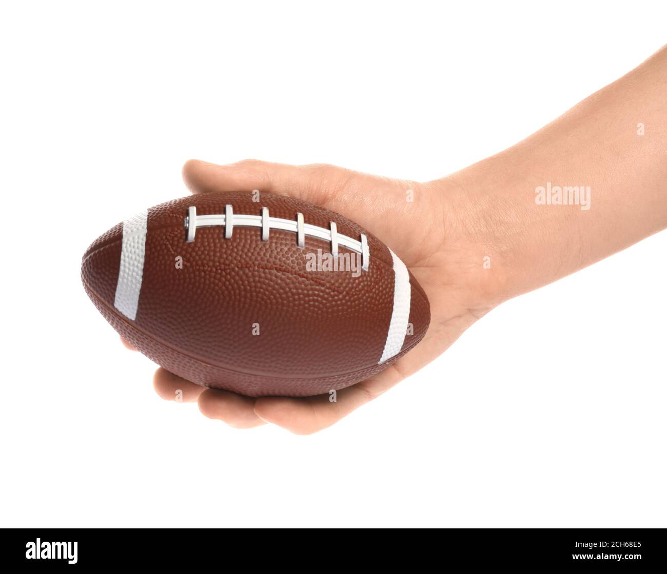 Male hand with rugby ball on white background Stock Photo - Alamy