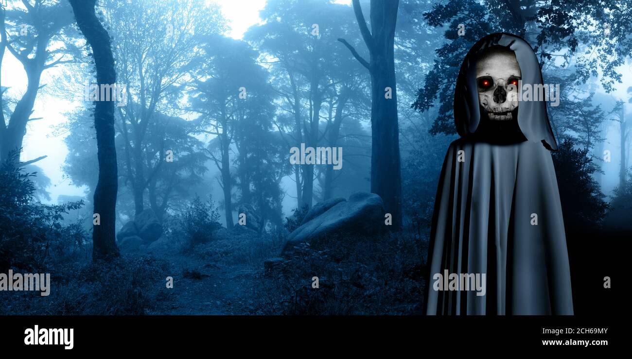 Horizontal banner with Halloween scene. Spooky monster in hooded cloak ...