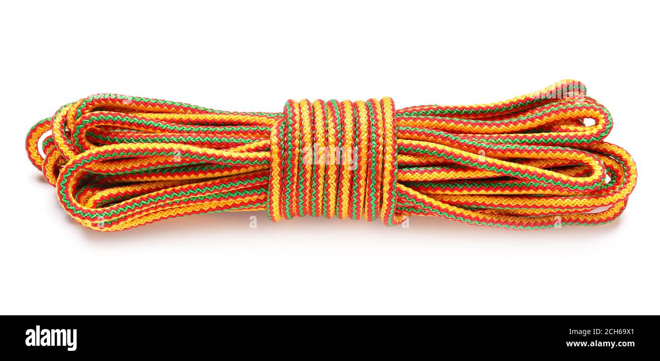 Long rope on white background Stock Photo - Alamy