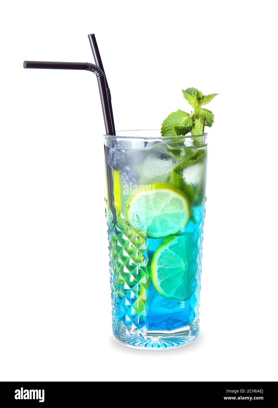 Glass of tasty blue mojito cocktail on white background Stock Photo - Alamy