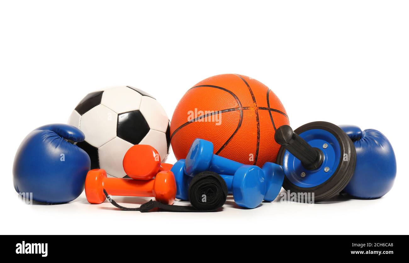 Different sports equipment on white background Stock Photo - Alamy