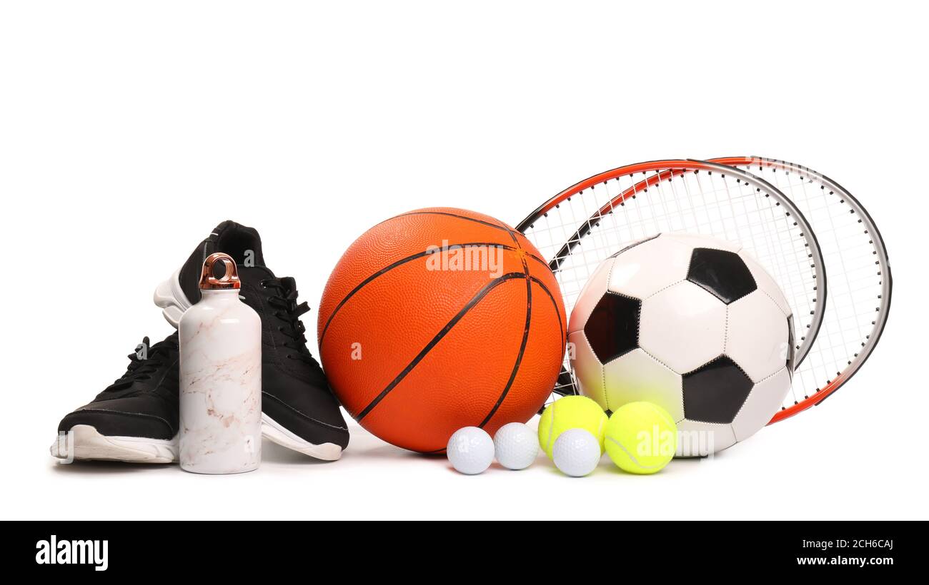 Different sports equipment on white background Stock Photo - Alamy