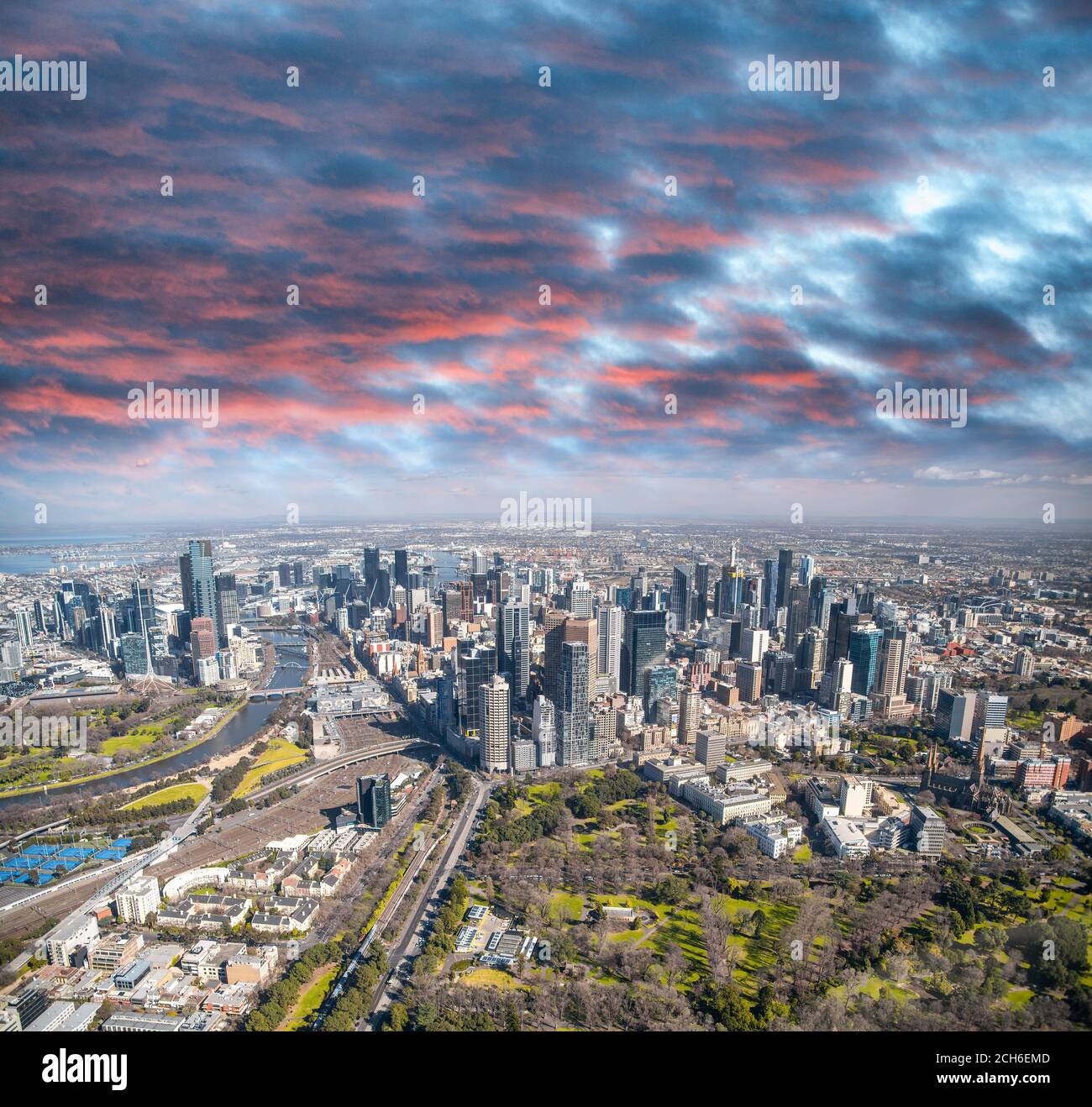 Melbourne City Aerial View Panorama Skyline Cityscape. Fitzroy Gardens ...