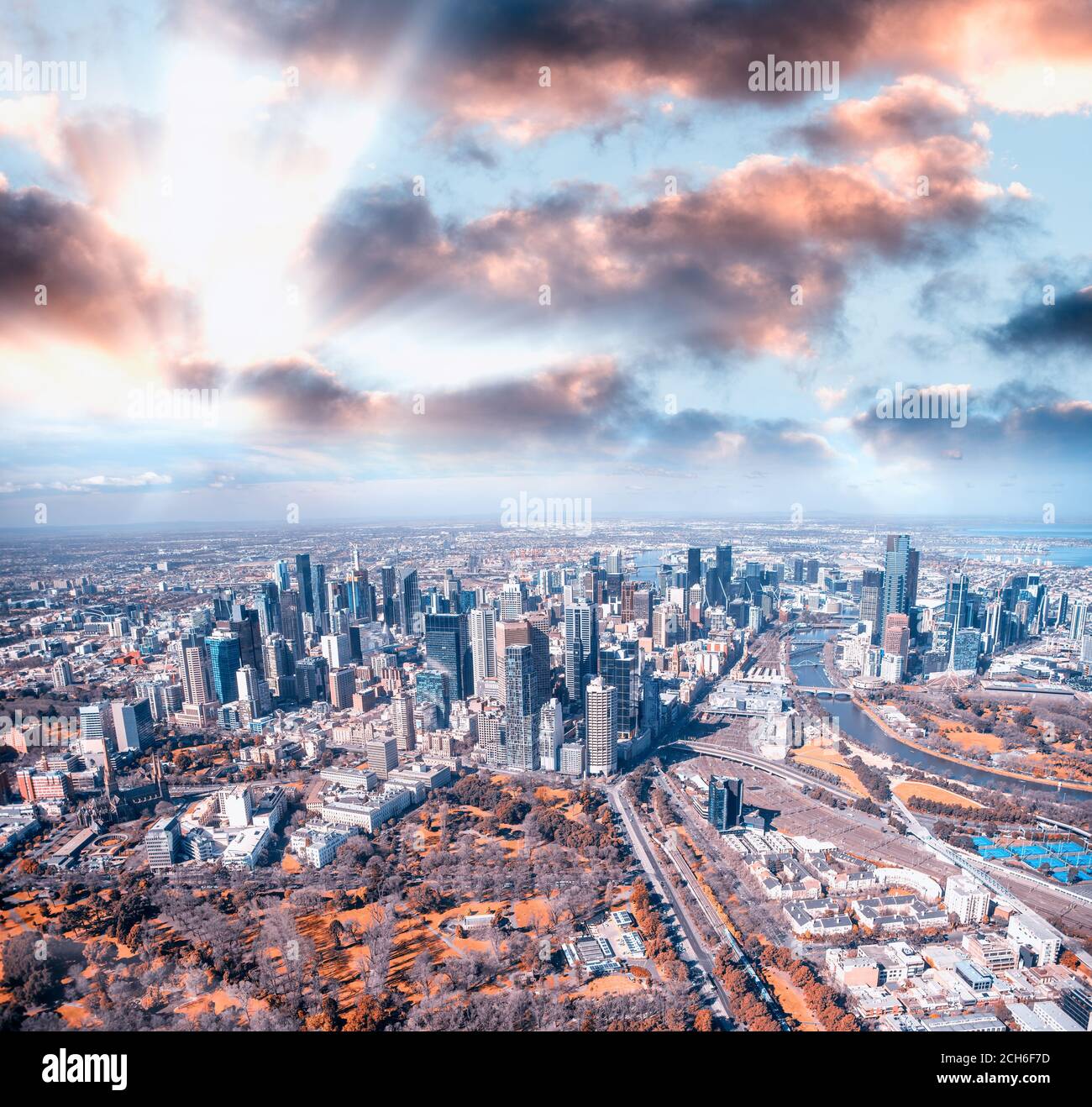 Melbourne City Aerial View Panorama Skyline Cityscape. Fitzroy Gardens ...