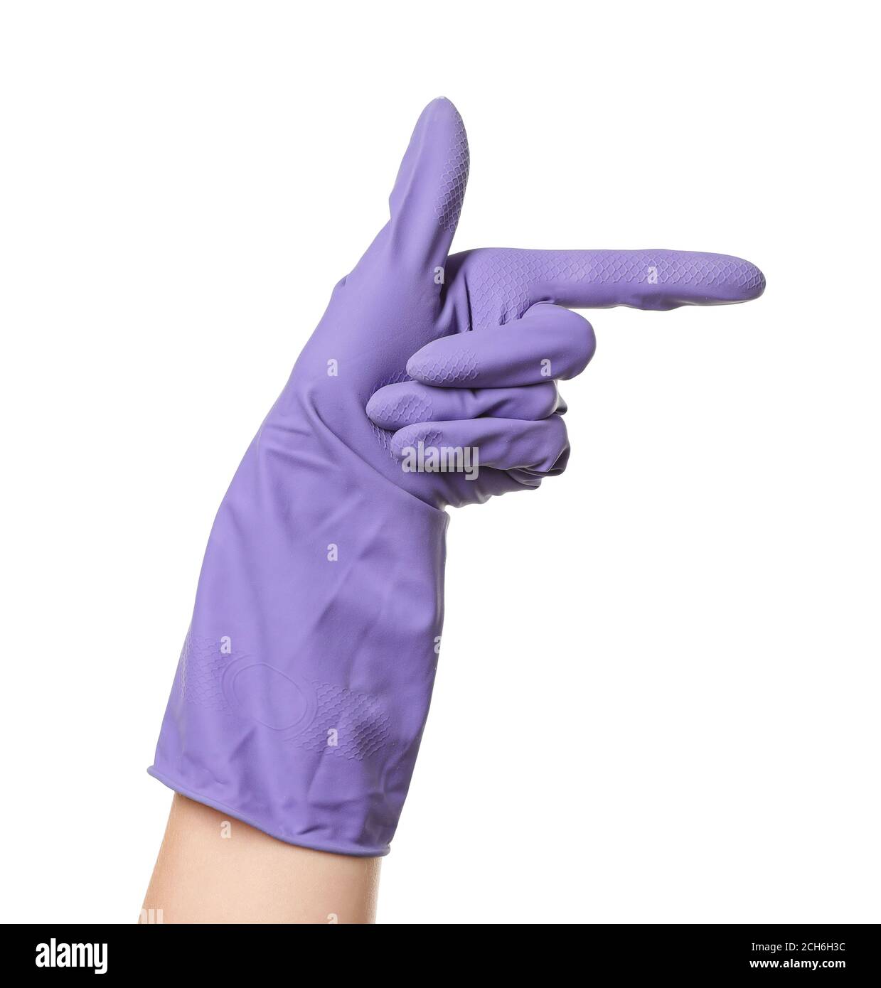 Hand in rubber glove pointing at something on white background Stock ...