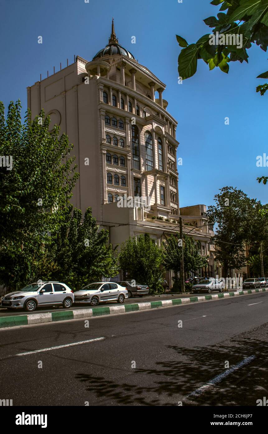 Tehran,Iran,July 07,2020:Tall building with a blue dome, spire, gazebos ...
