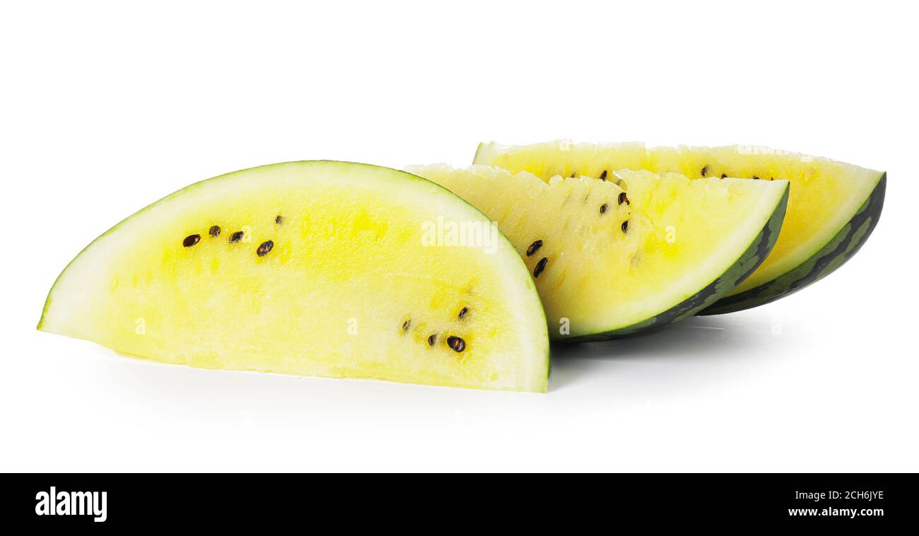 Cut yellow watermelon on white background Stock Photo - Alamy