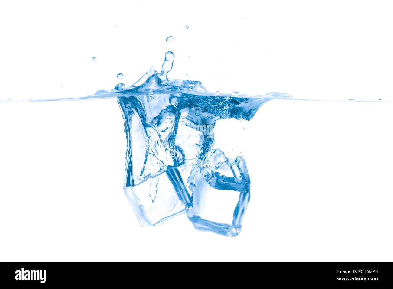 Falling of ice cubes into water on white background Stock Photo - Alamy