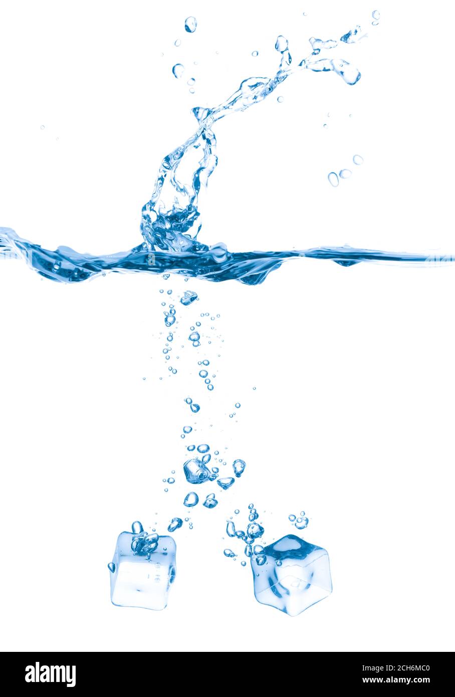 Falling of ice cubes into water on white background Stock Photo - Alamy