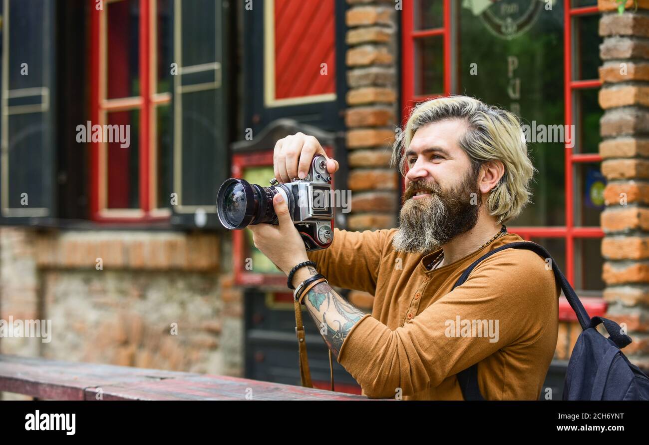 Modern business. Journalist reporter. Brutal stylish man with retro ...