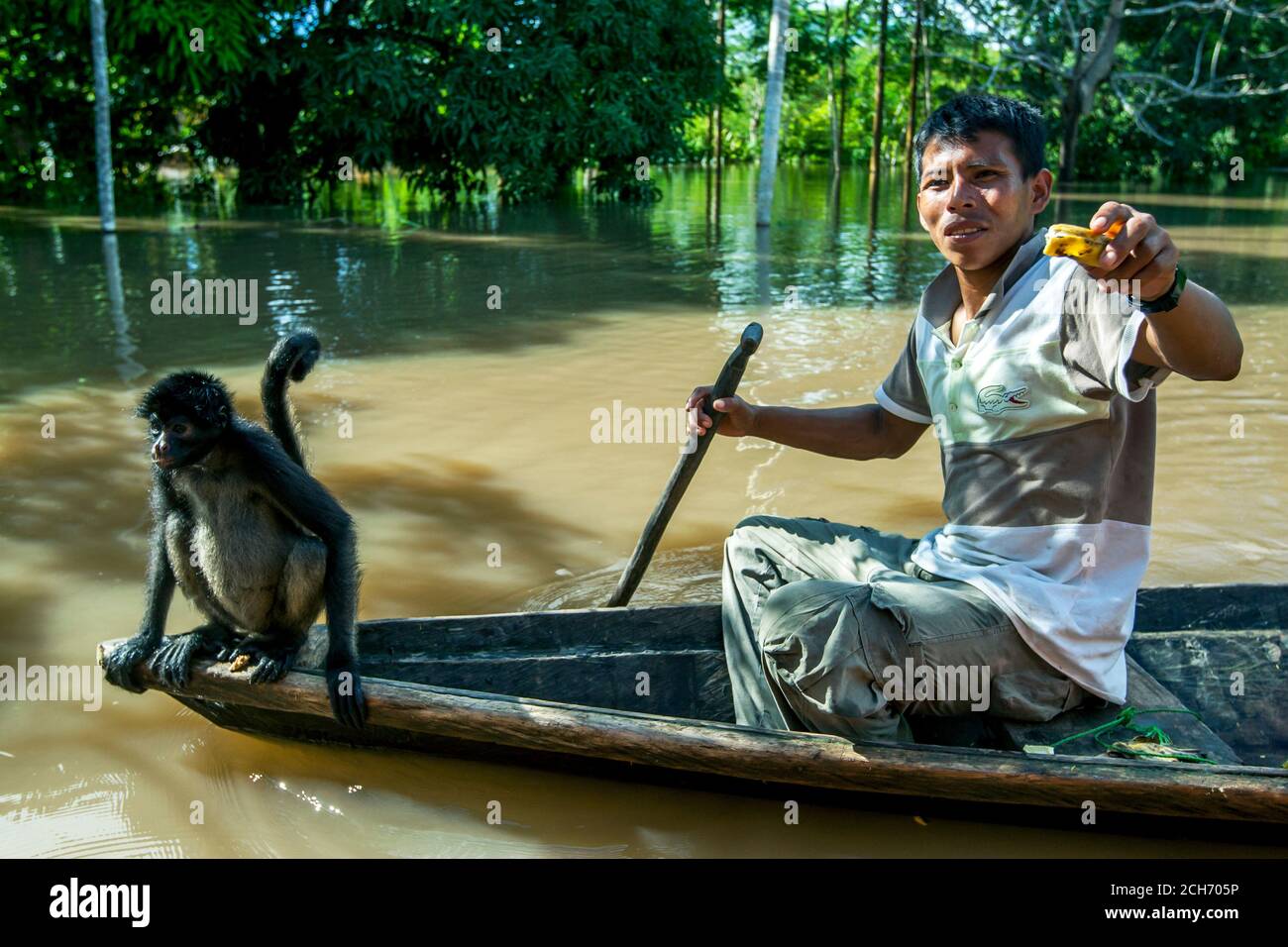 A man and monkey paddle in a canoe over the flooded Monkey Island near ...