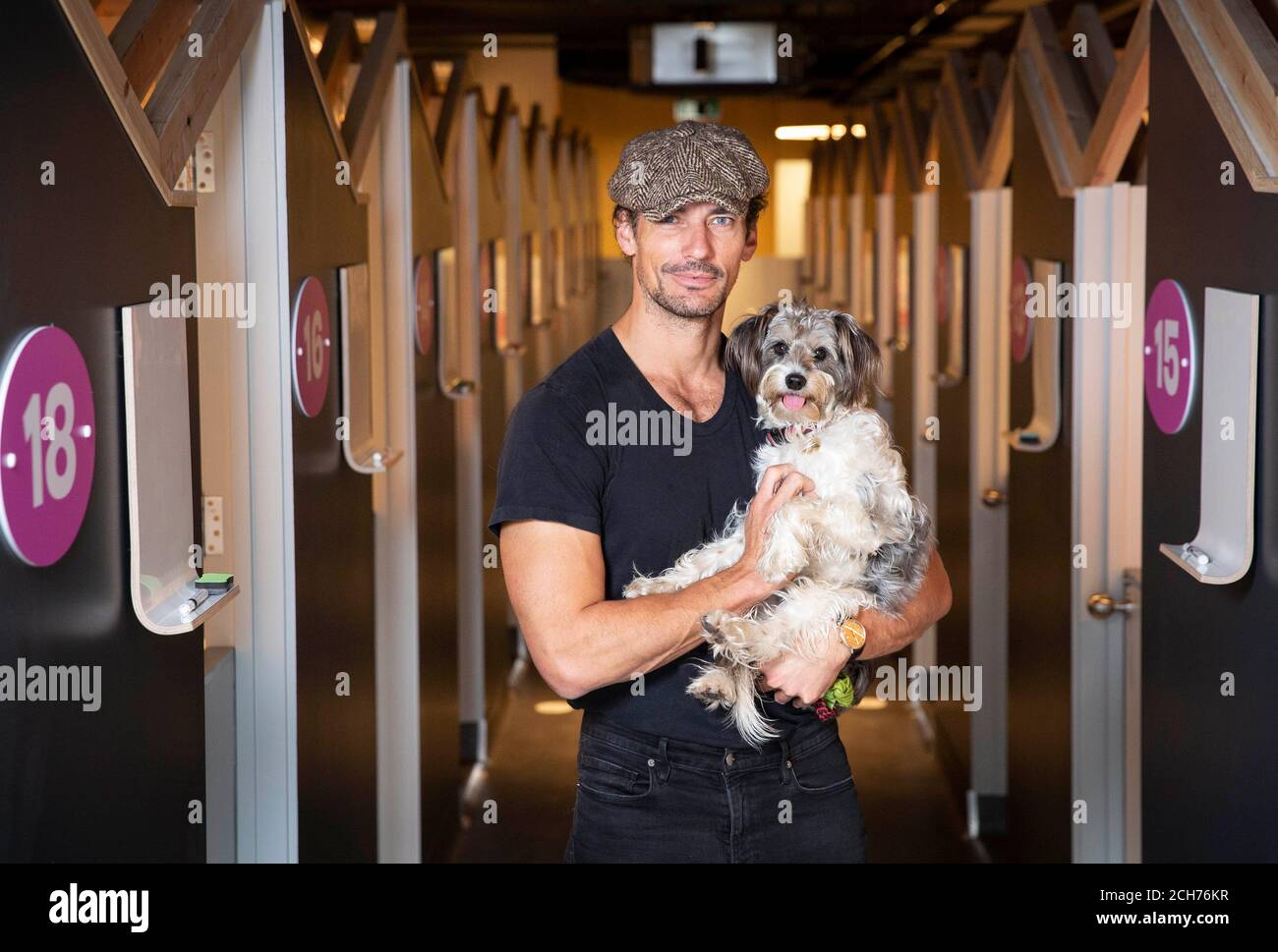 EDITORIAL USE ONLY Model David Gandy and his dog Dora at the opening of ...