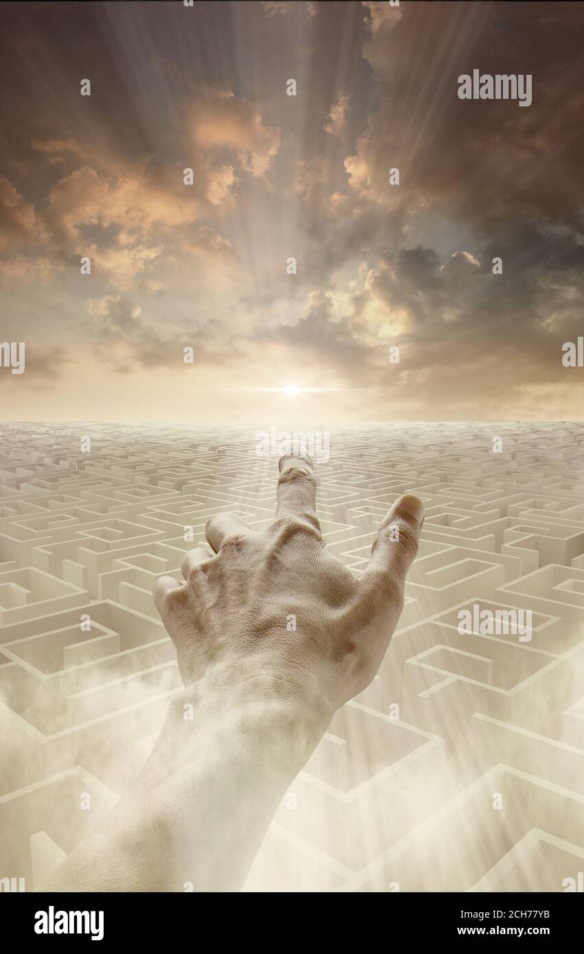 Exit strategy hand pointing direction maze escape concept Stock Photo ...